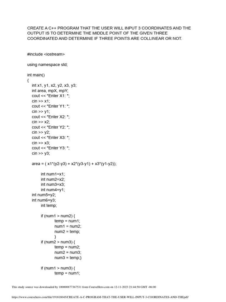 Create A C Program That The User Will Input 3 Coordinates And The Pdf Computer Programming