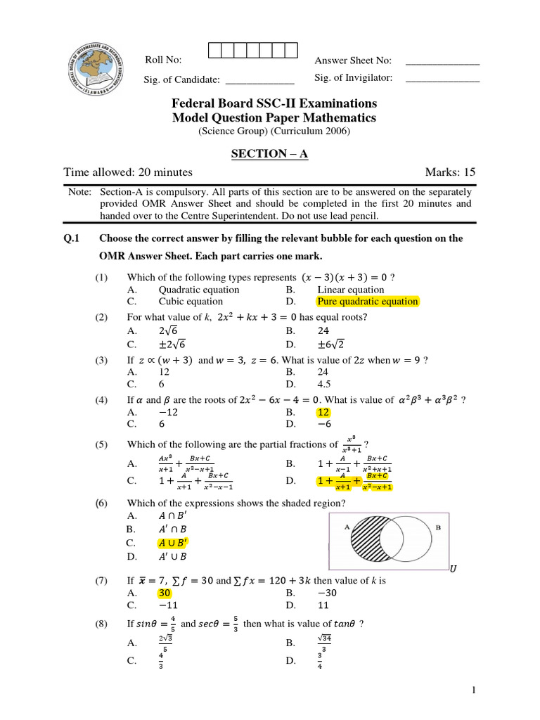 Final SSC-II Mathematics Science Model Paper | PDF | Function ...