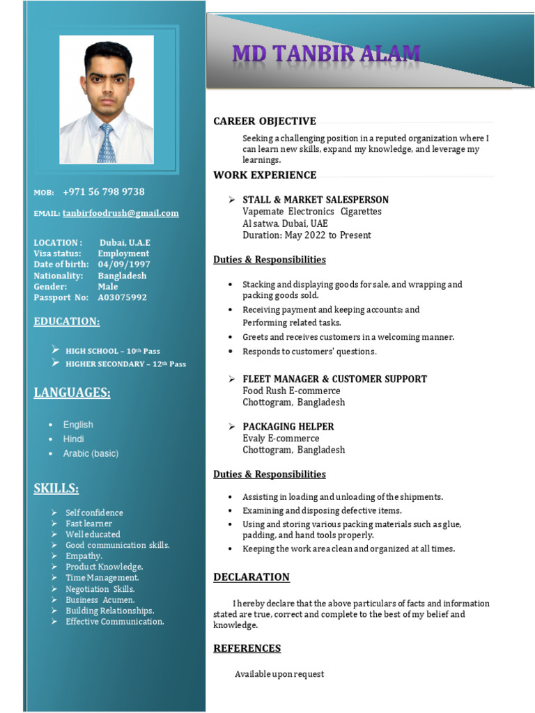 MD TANBIR ALAM - Resume-1-1 | PDF | Sales | Human Communication