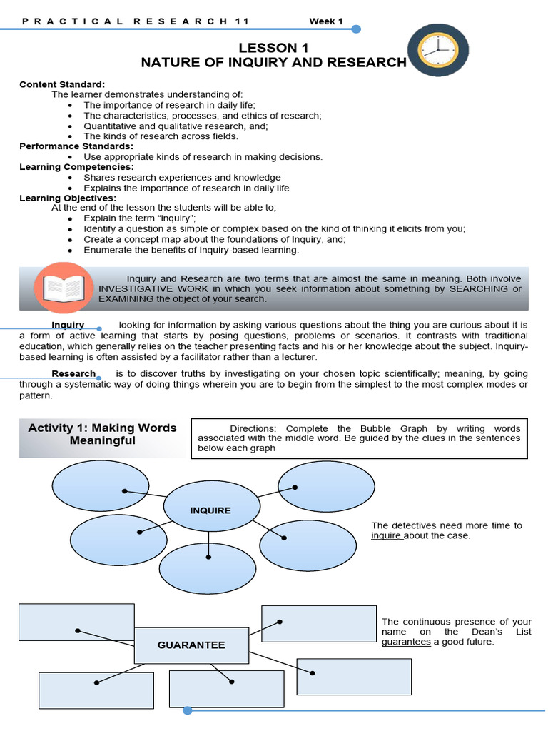 LESSON 1 Inquiry and Research | PDF | Inquiry Based Learning | Quantitative Research