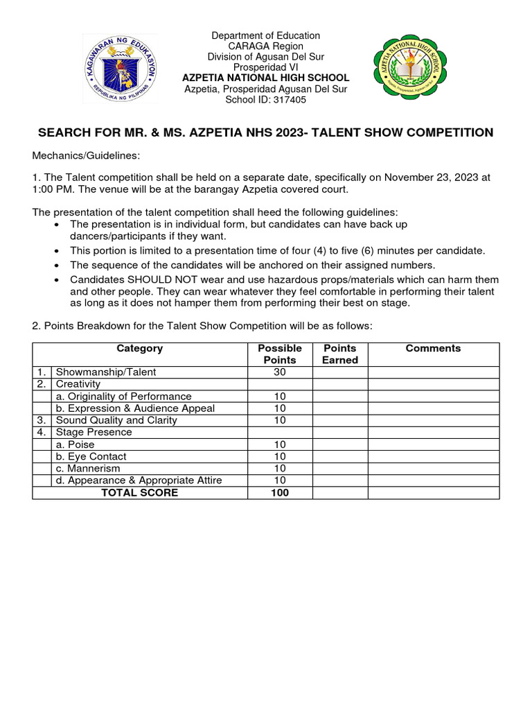 Talent Show Competition Mechanics and Rubrics | PDF