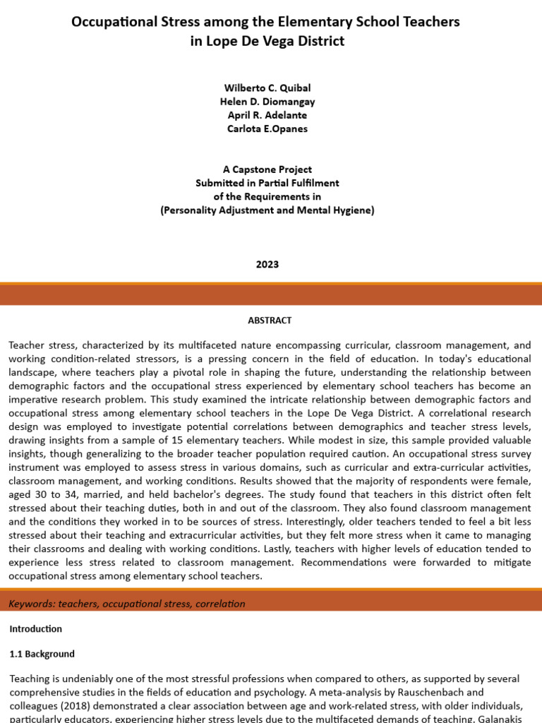 Capstone Project | PDF | Occupational Stress | Teachers