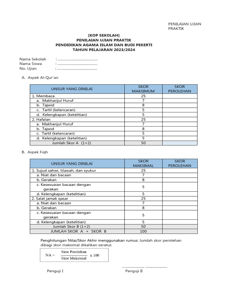 Format Penilaian Ujian Praktik PAI SMP | PDF