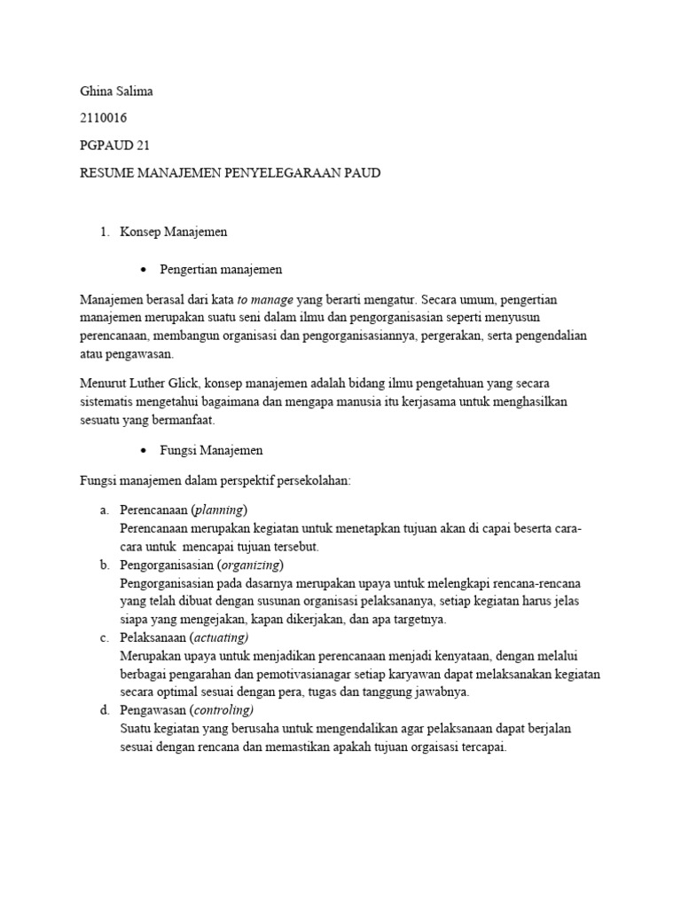 Resume Manajemen Pendidikan Paud | PDF