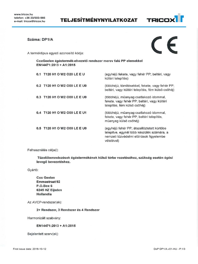 Tricox Teljesítmény Nyilatkozat | PDF