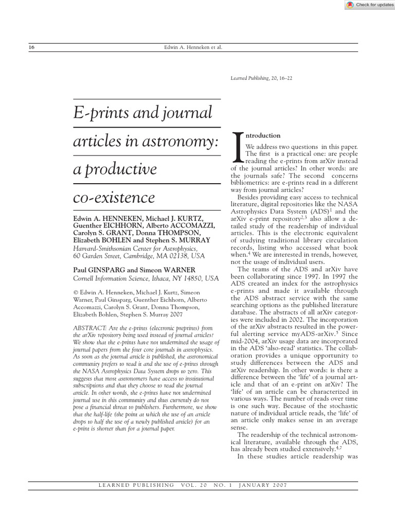 Learned Publishing - 2007 - HENNEKEN - E Prints and Journal Articles in ...