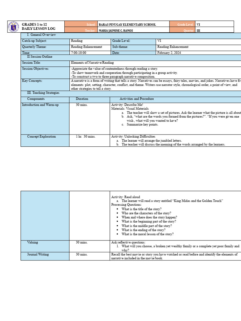 Grade VI Catch-Up Lesson Plan: Reading | PDF | Narrative | Lesson Plan