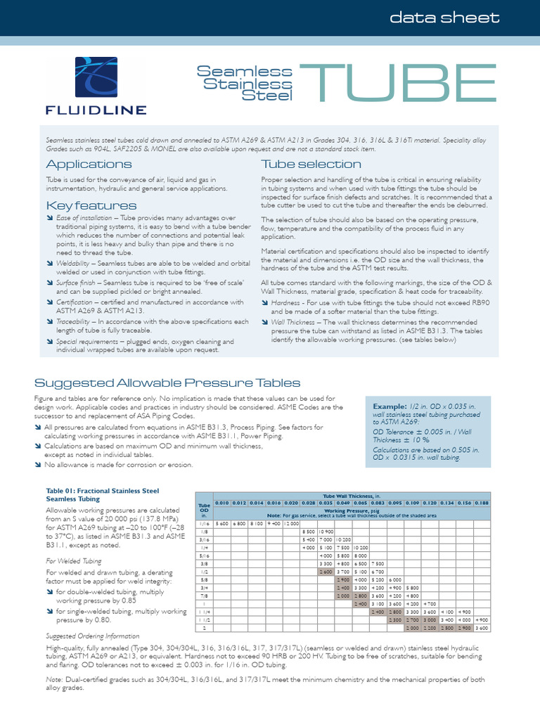 Data Sheet SS316L Seamless Tube Fluidline Customer | PDF | Pipe (Fluid Conveyance) | Chemistry