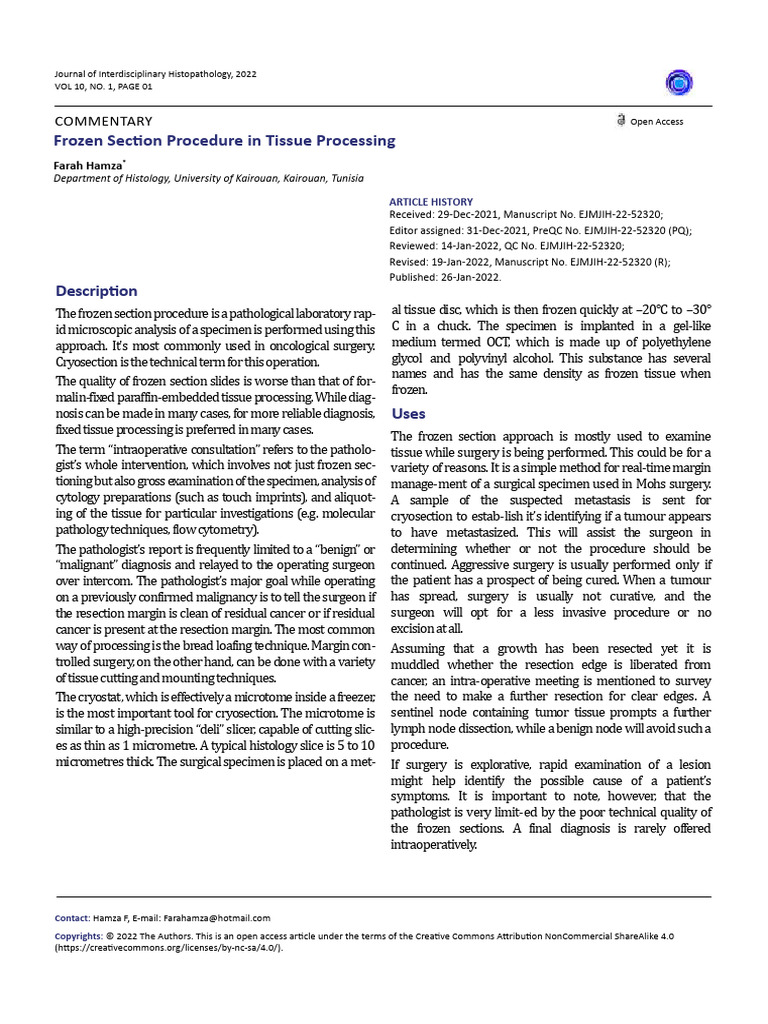 Frozen Section Procedure in Tissue Processing | PDF | Clinical Medicine | Medicine