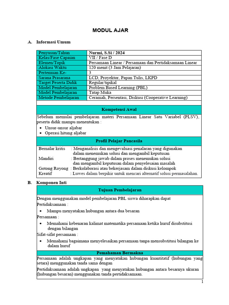 MODUL AJAR - PERTEMUAN 3 BAB 3 Persamaan Dan Pertidaksamaan - NURMI | PDF
