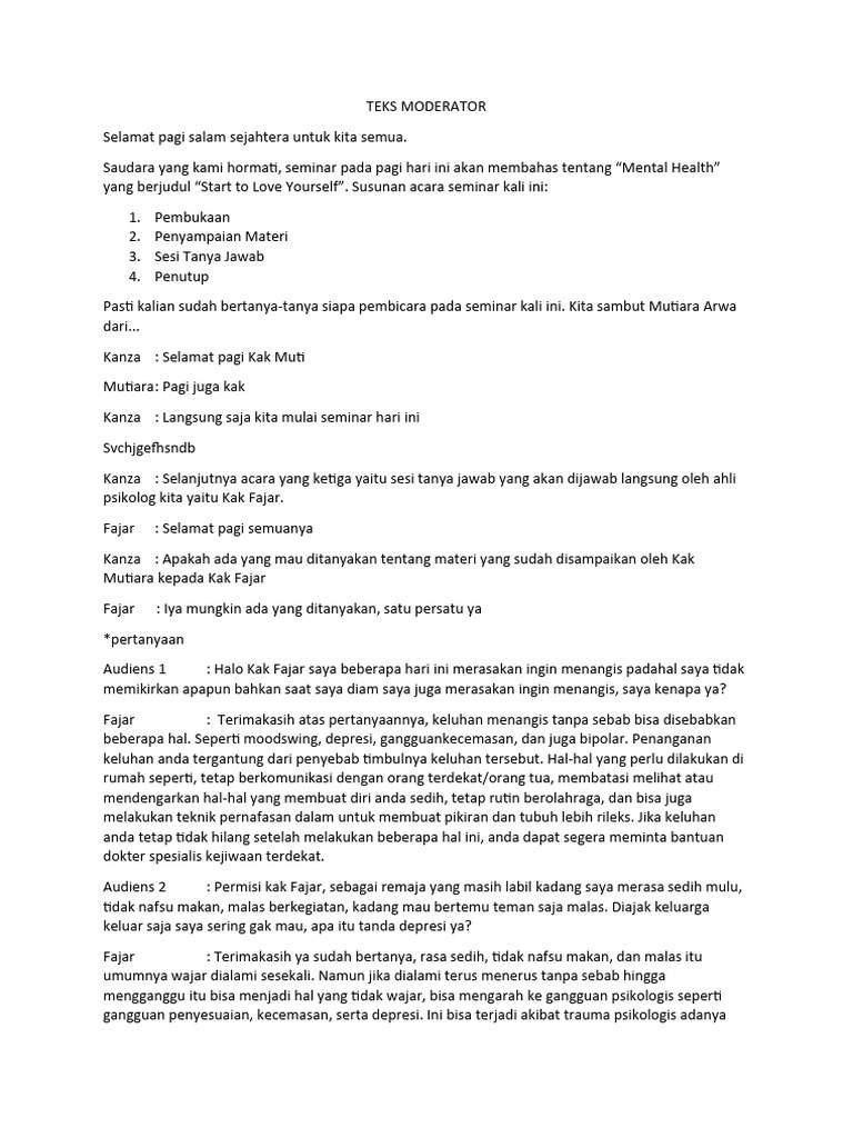 Teks Moderator Seminar Kesehatan Mental | PDF