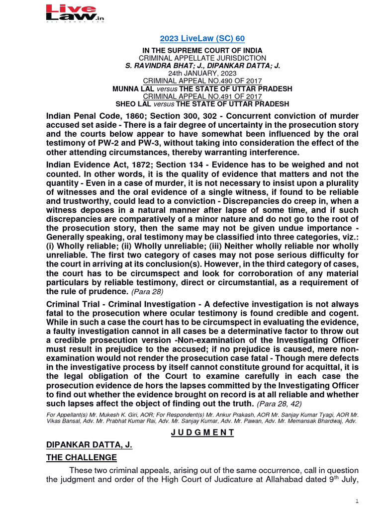 60 Munna Lal V State of Uttar Pradesh 24 Jan 2023 455720 | PDF | Witness | Judgment (Law)
