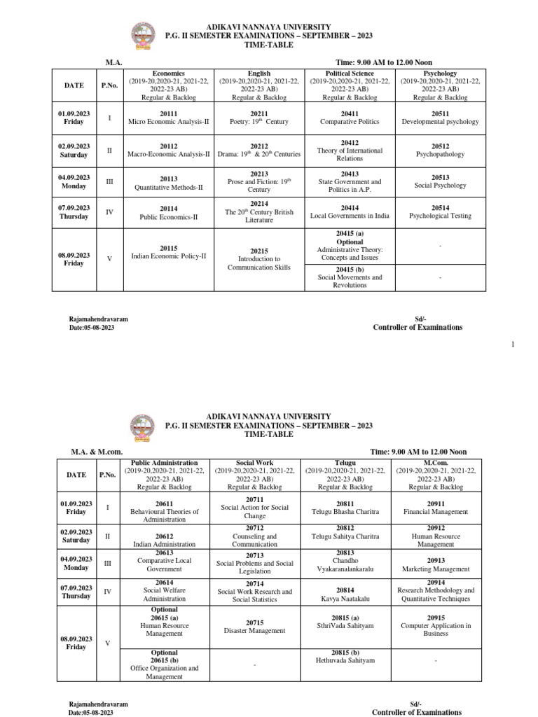 PG II Semester Time Table Sep.2023 | PDF | Zoology | Physics