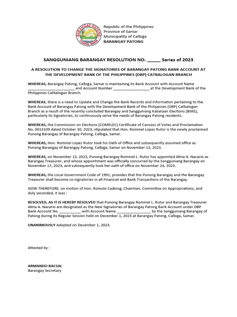 Resolution Changing Bank Signatories | PDF | Philippines | Government