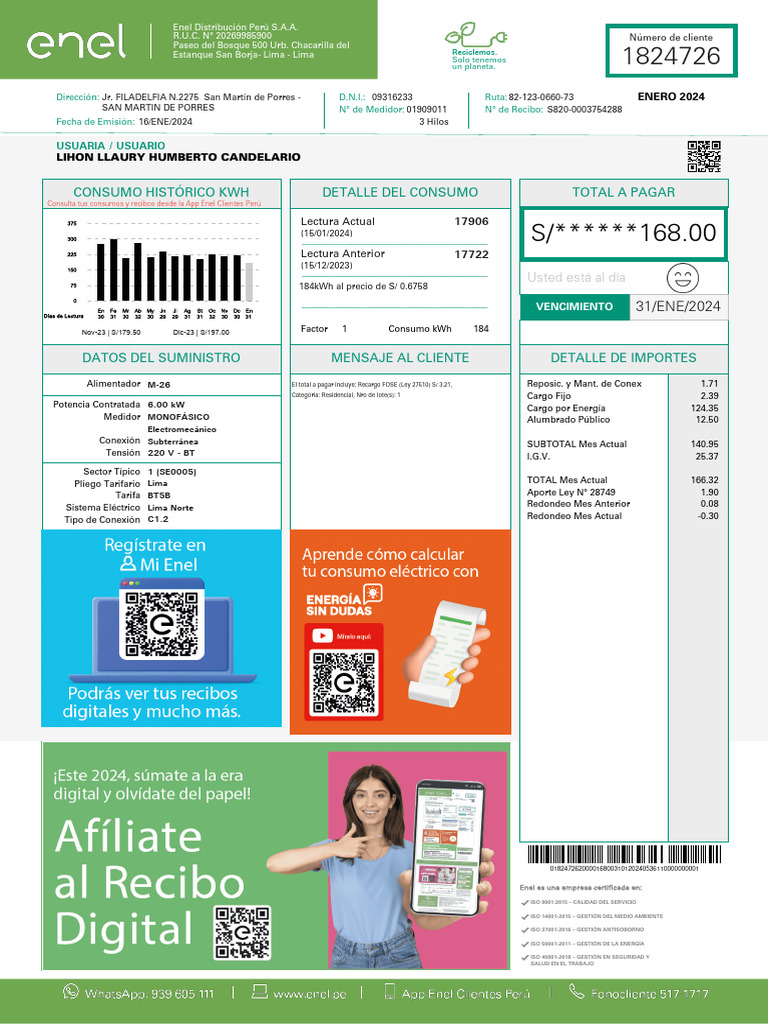 Ejemplo de recibo de luz, Perú | PDF | Apelación | Electricidad