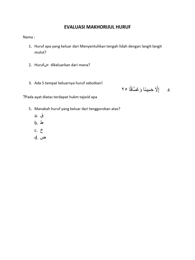Evaluasi Makhorijul Huruf Tajwid | PDF | Seni & Disiplin Bahasa
