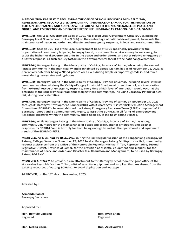 Reso Requesting DRRM Equipment | PDF | Flood | Disasters