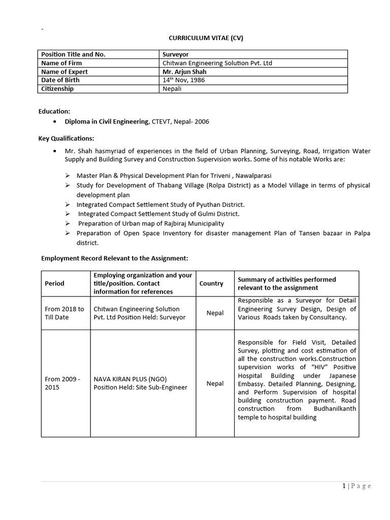 Million Miles Arjun CV | PDF | Surveying