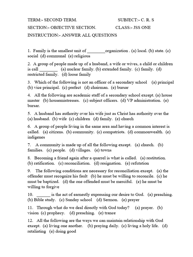 JSS1 CRS Second Term Exam Questions | PDF | Sermon | Theology