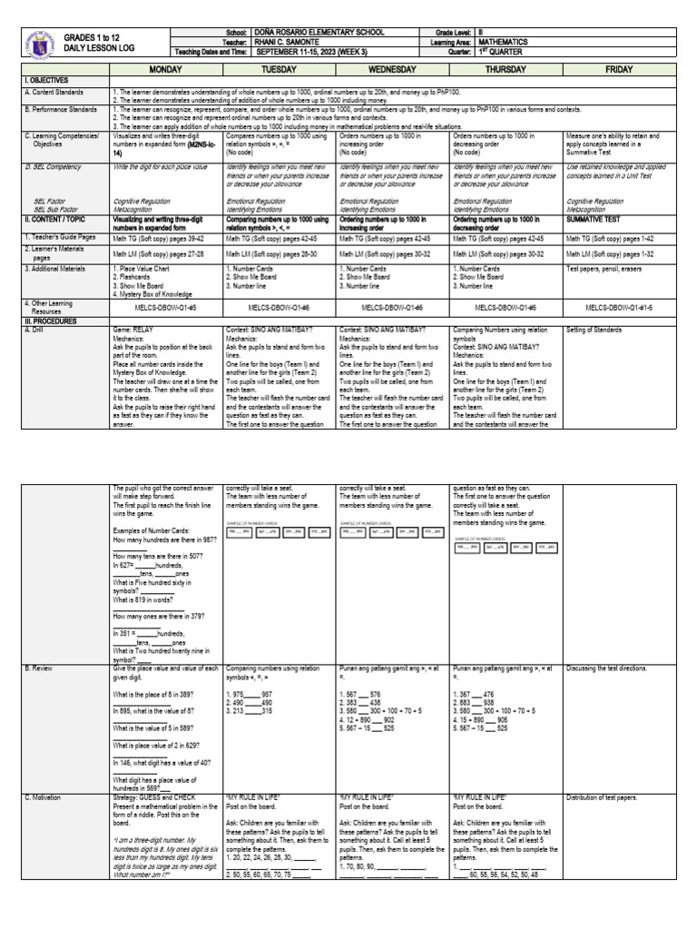 DLL Mathematics-2 Q1 W3 | PDF | Learning | Cognitive Psychology