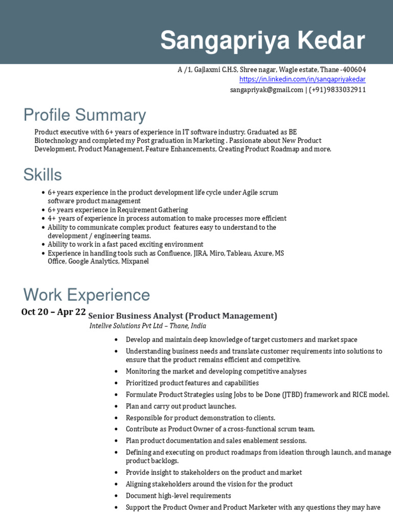 Sangapriya Kedar Resume | PDF | Scrum (Software Development) | Agile Software Development