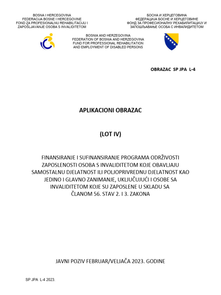 Aplikacioni Obrazac SP JPA L 4 Za LOT 4 2023 | PDF