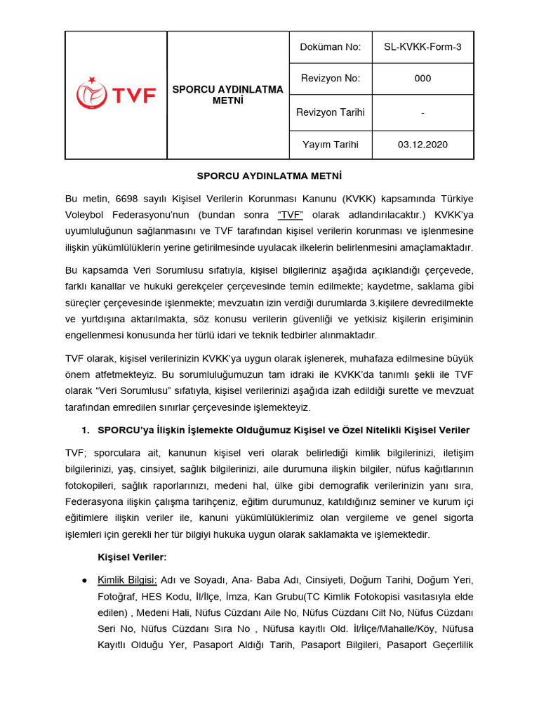 Form3 Sporcu KVKK | PDF