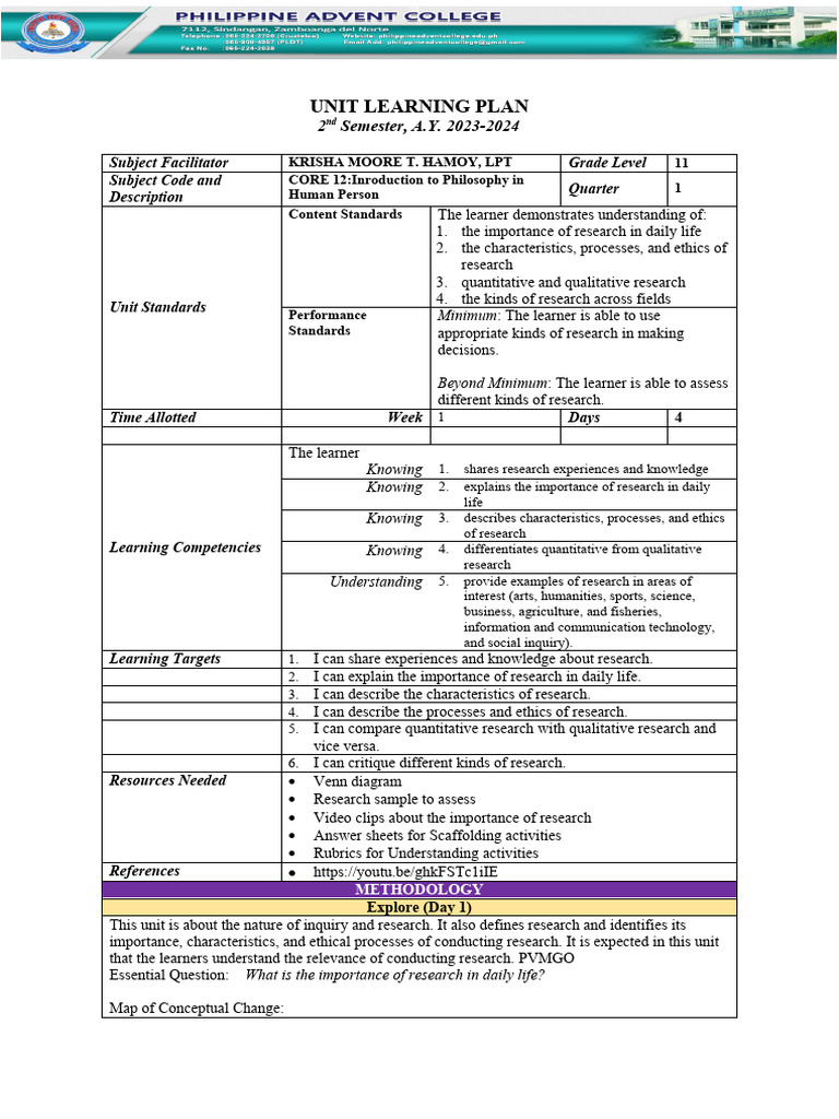 Unit Learning Plan | PDF | Learning | Qualitative Research