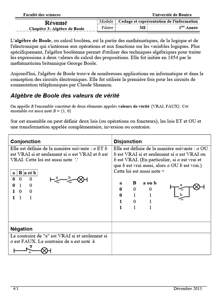 Algèbre de Boole et ses applications | PDF