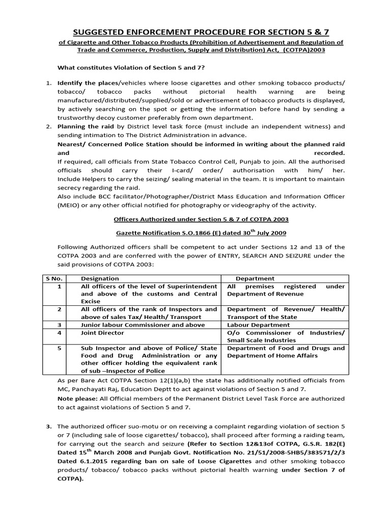 Enforcement Protocol For Implementation of Section 5 & 7 of COTPA | PDF