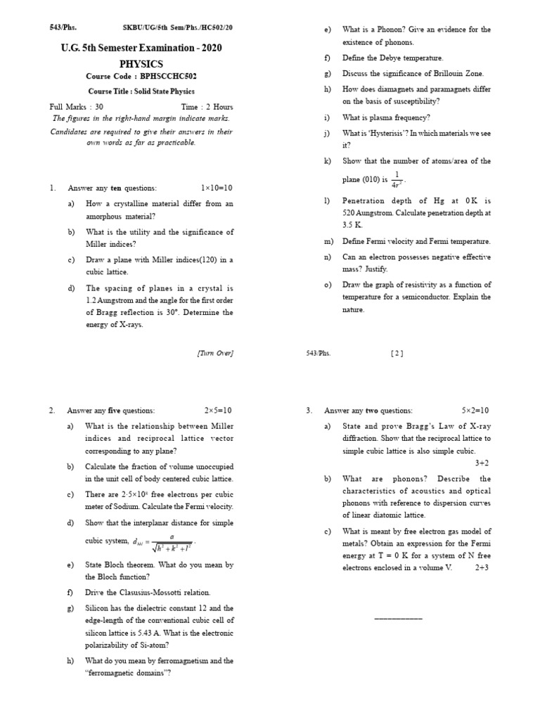 BSC 5th Semester Question Paper CBCS Solid State | PDF | Government Of ...