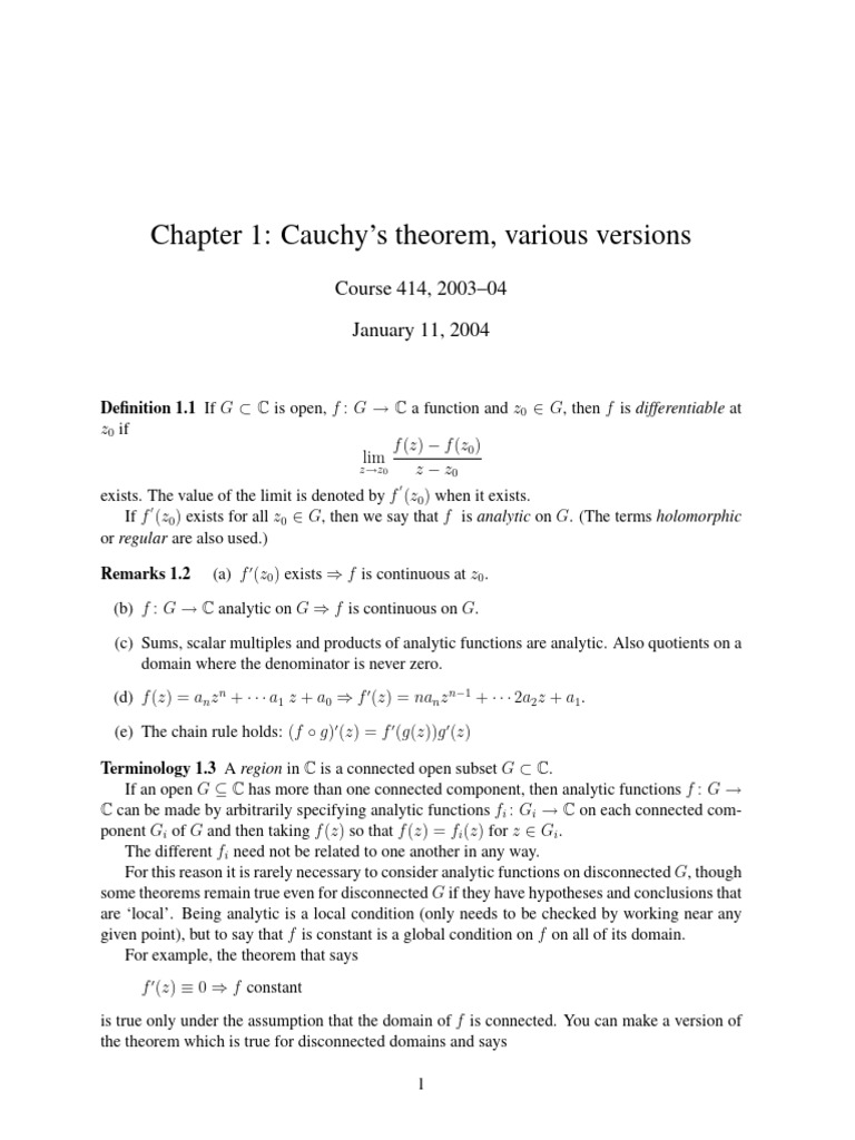 414-ch1 Cauchy's Theorem, Various Versions | PDF | Power Series | Holomorphic Function