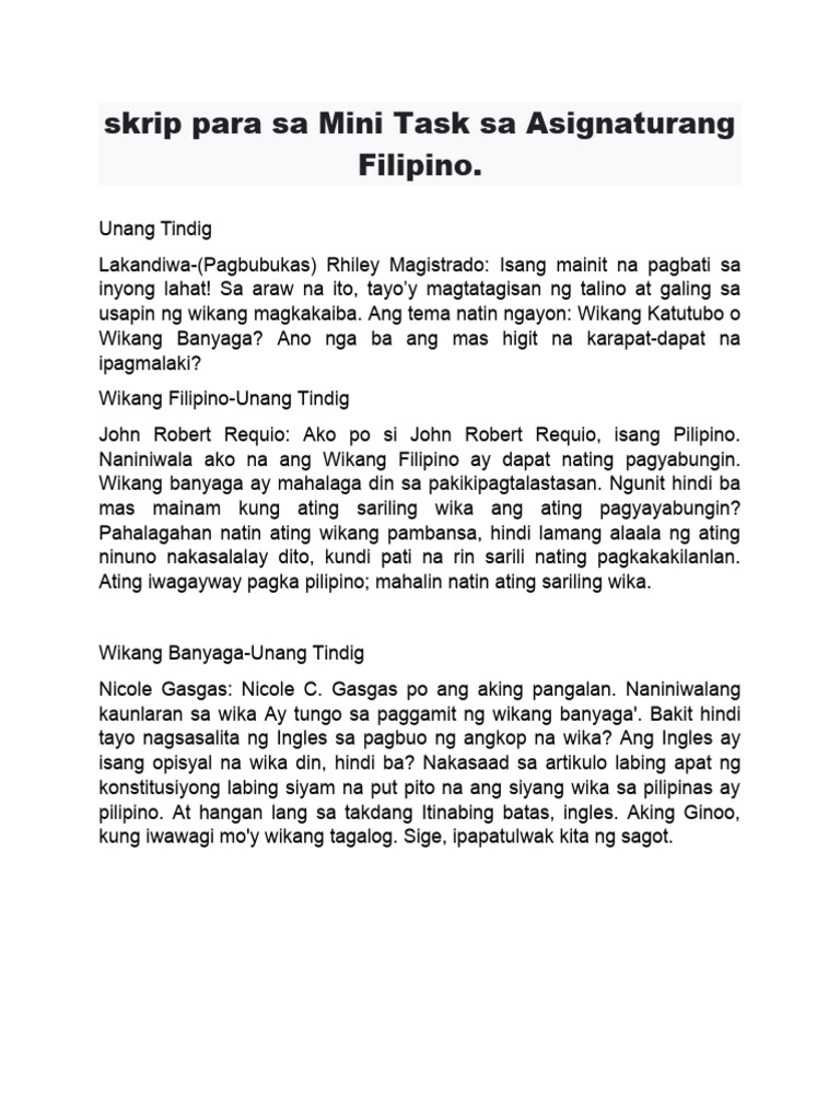 Iskrip para Sa Mini Task Sa Asignaturang Filipino | PDF