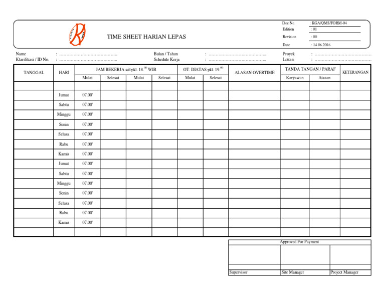 FSA - KGA.05 FORM Time Sheet ABSENSI HARIAN-1 | PDF