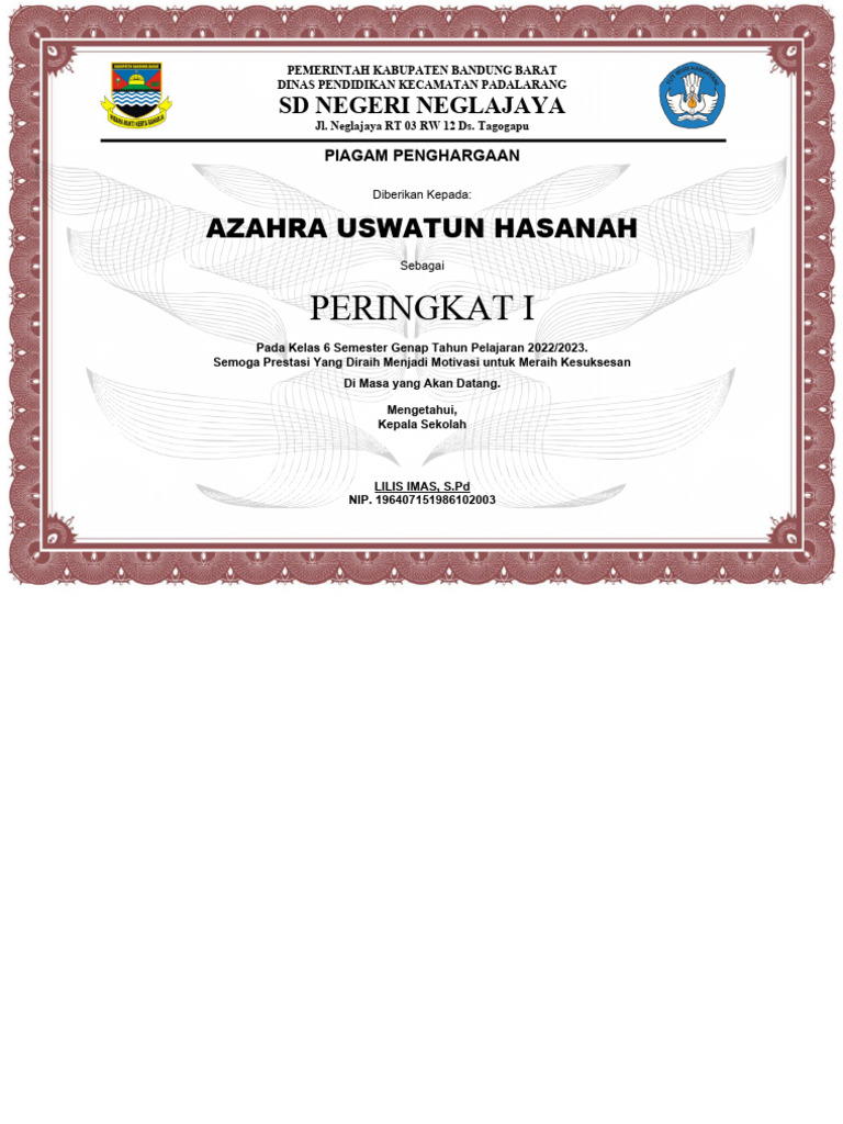 contoh PIAGAM PENGHARGAAN | PDF