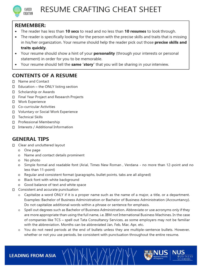 UG Resume Crafting Cheat Sheet 2022 | PDF | Résumé | Linguistics