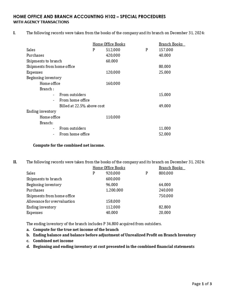 Home Office and Branch Accounting H2 | PDF | Net Income | Inventory