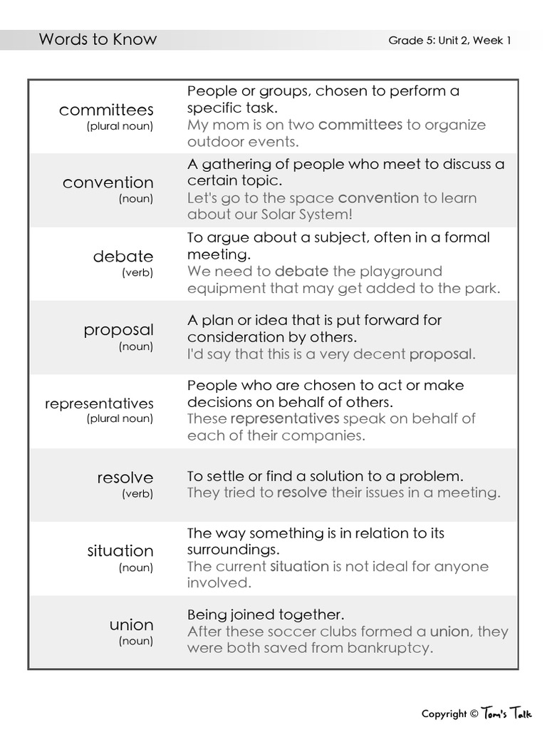 Words To Know: Grade 5: Unit 2, Week 1 | PDF | Noun | Human Communication