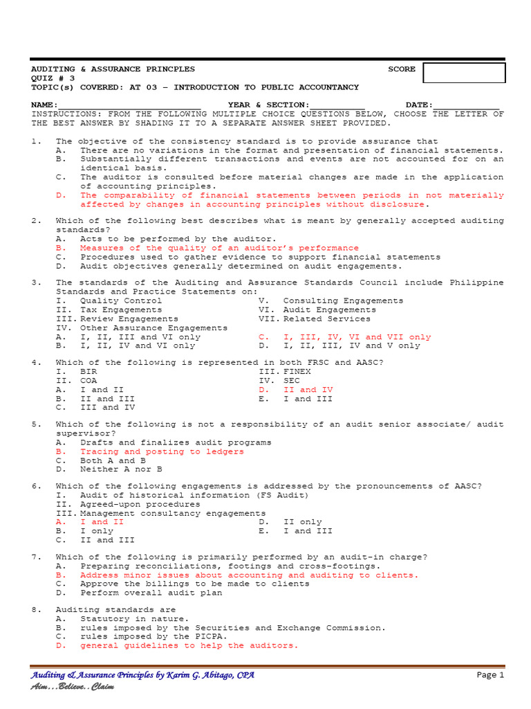 03 Quiz On Topic 3 With Answer Key | PDF | Financial Audit | Audit