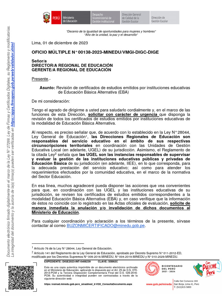 Oficio Multiple 00138-2023-MINEDU-VMGI-DIGC-DIGE | PDF | Justicia ...