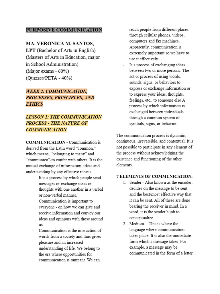 Purcomm Notes Wk1 To Wk7 | PDF | Communication | Nonverbal Communication