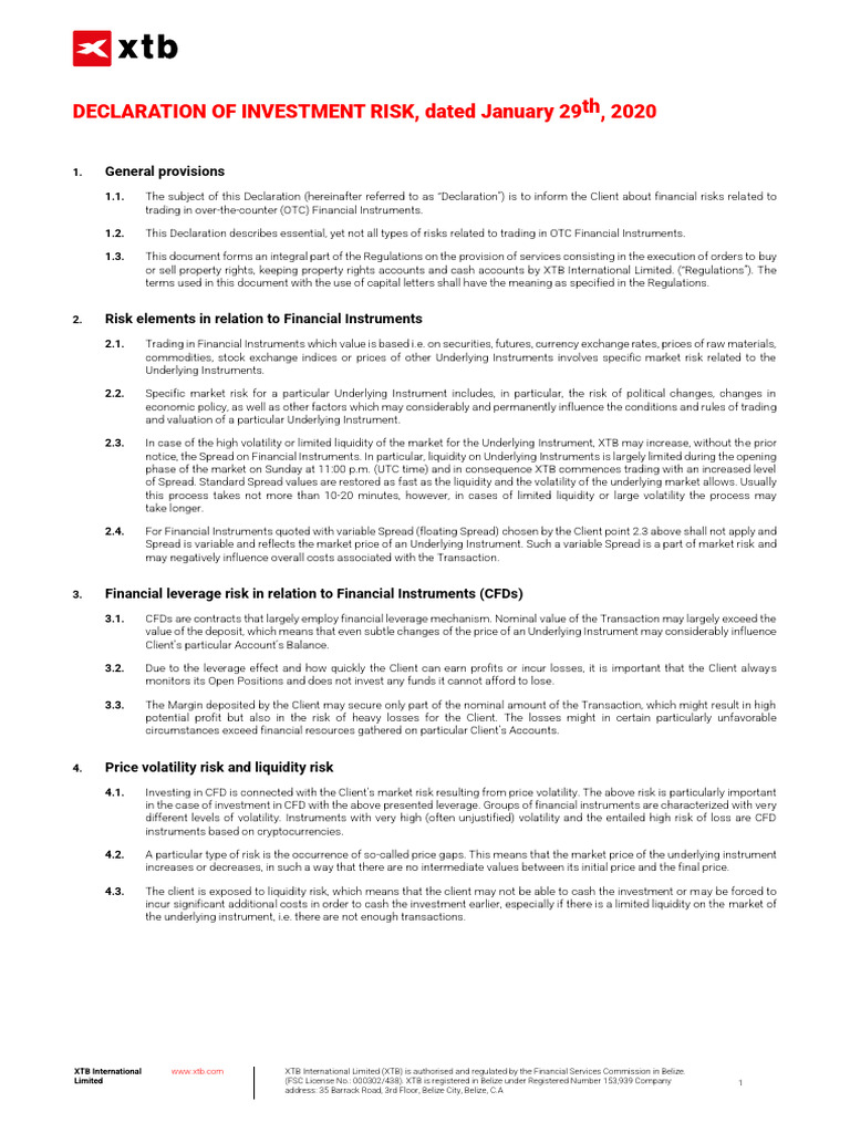 Declaration of Investment Risk - XTB BZ - 01042017 - 606d8d46ca | PDF ...
