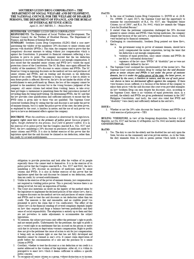 Southern Luzon Drug Corporation v. DSWD GR No. 199669 | PDF | Taxes | Police Power (United ...