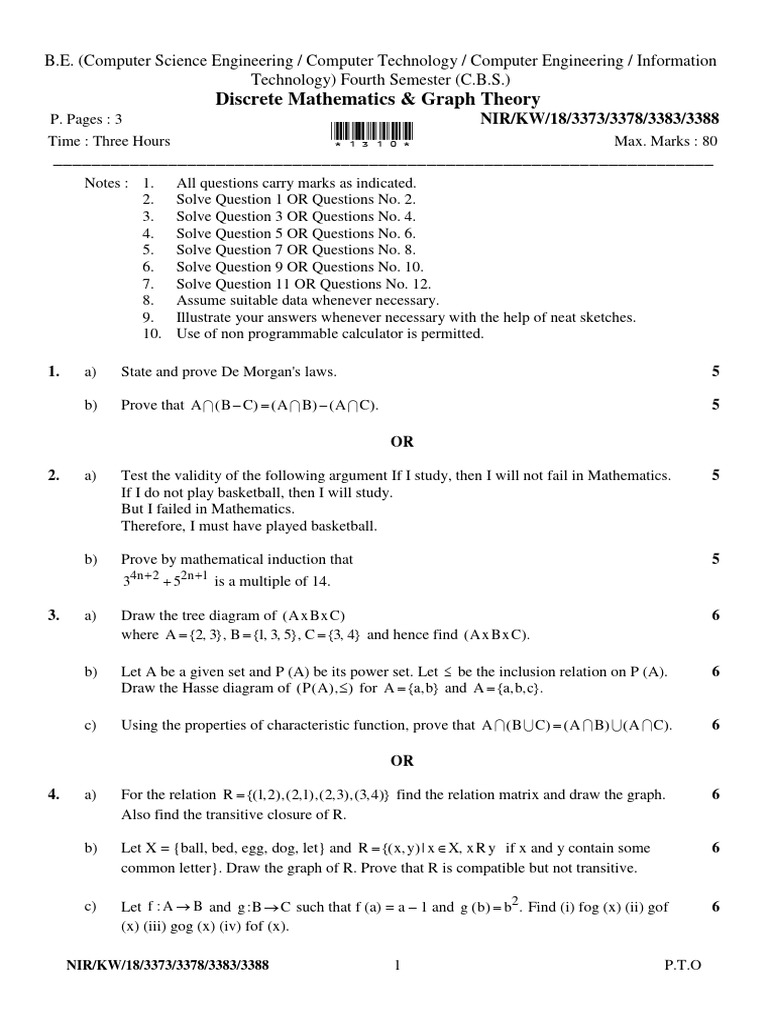 Cse 4 Sem Discrete Mathematics and Graph Theory Winter 2018 | PDF | Group (Mathematics) | Ring ...