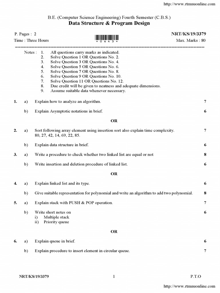 Cse 4 Sem Data Structure and Program Design 3379 Summer 2019 | PDF