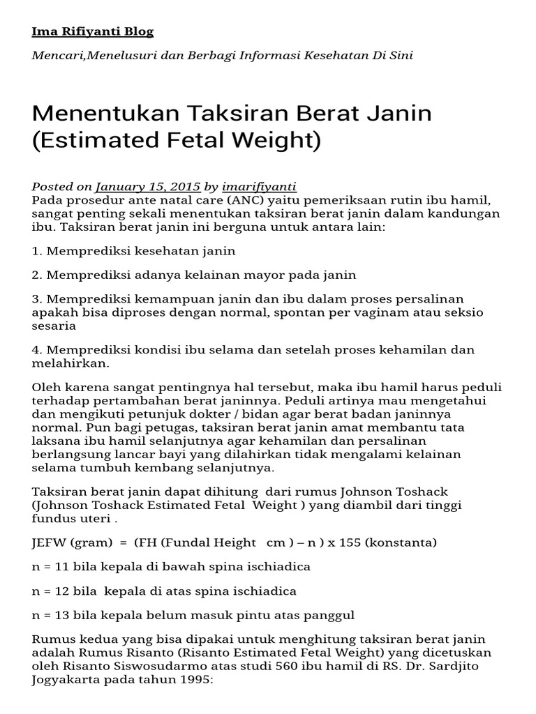 Menentukan Taksiran Berat Janin (Estimated Fetal Weight) | PDF