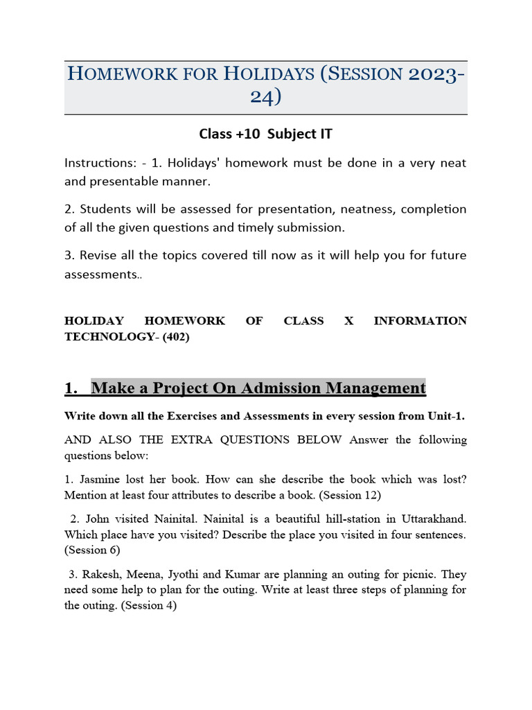 Homework For Holidays 10 TH Class1 | PDF