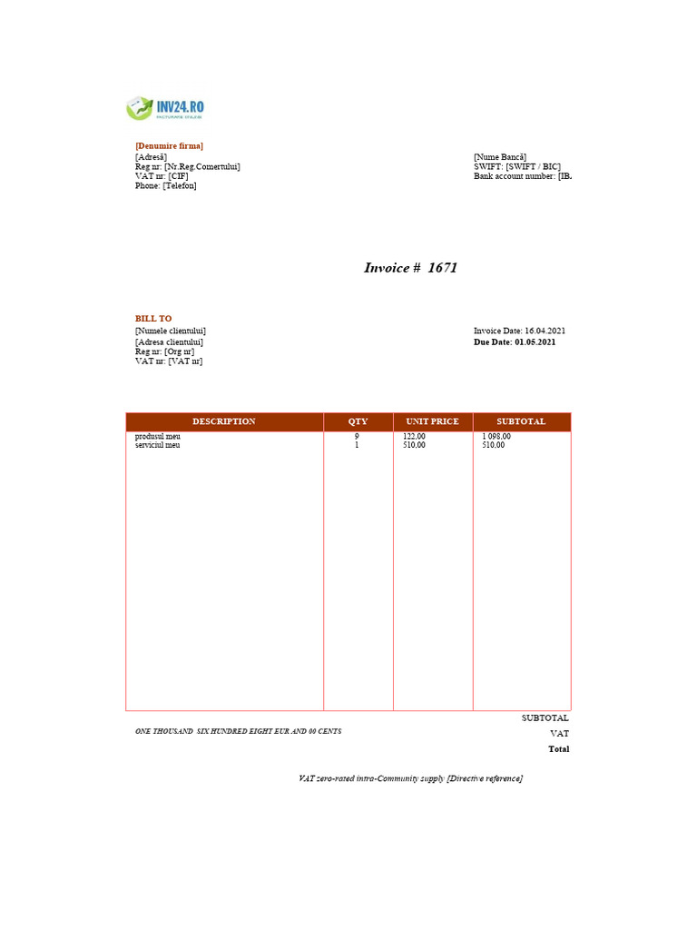 Model Factura Externa in Euro | PDF