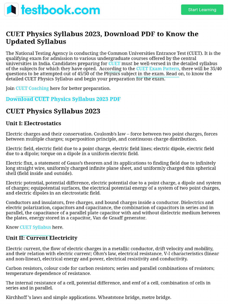 CUET Physics Syllabus 2023, Download PDF To Know The Updated Syllabus | PDF