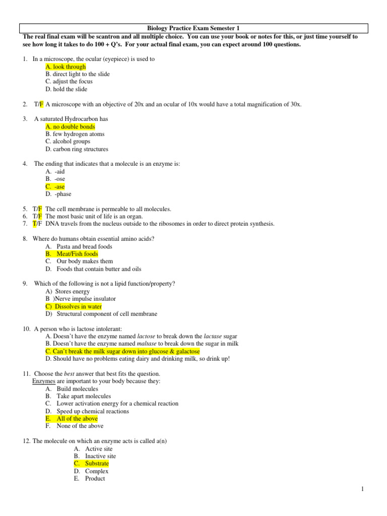 Sem 1 Practice Exam Key 11.12 2 | PDF | Meiosis | Mitosis
